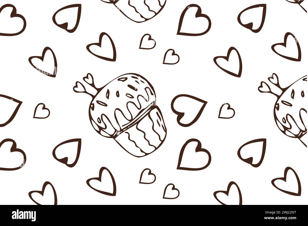 Hand drawn cupcake and heart outline background for bakery. Vector ...