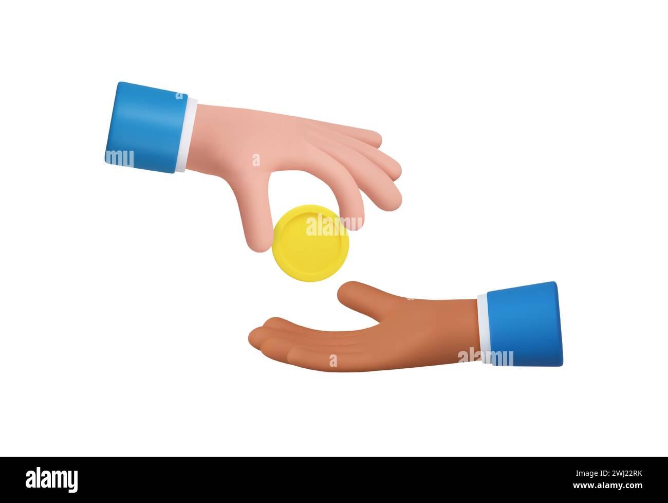 3d Cartoon character hands give and take golden coin. Payment and ...