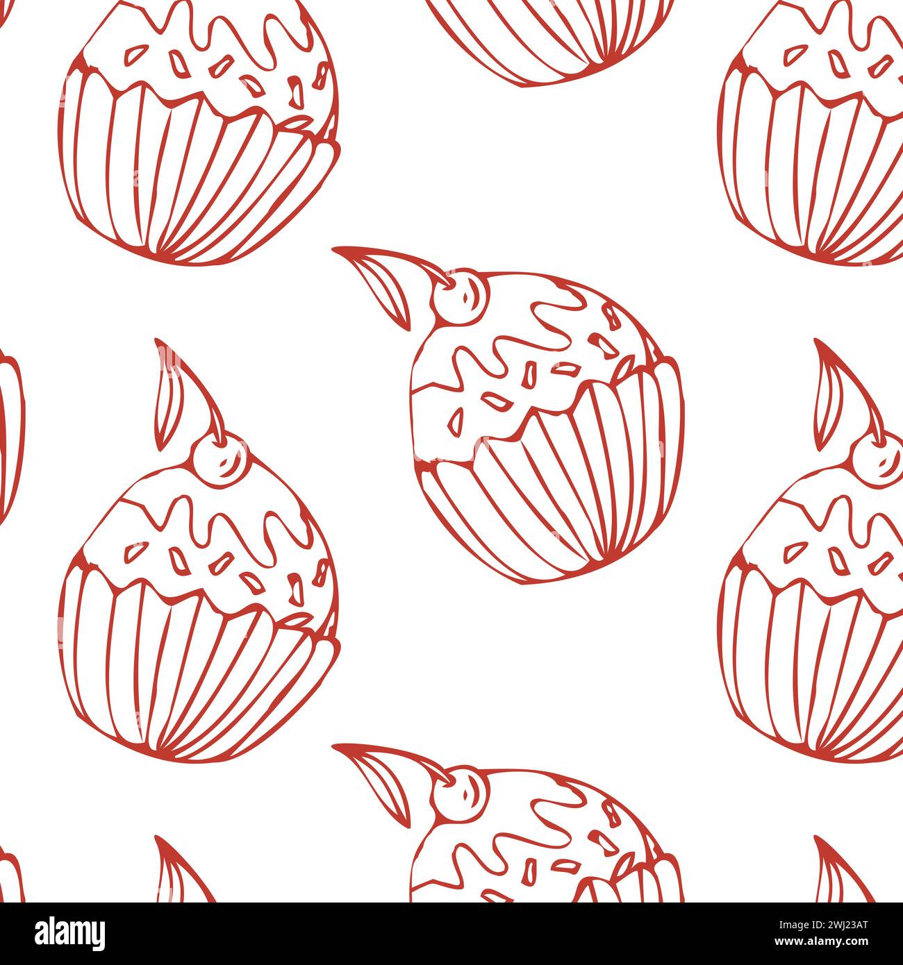Hand drawn red cupcake outline background for bakery. Vector ...