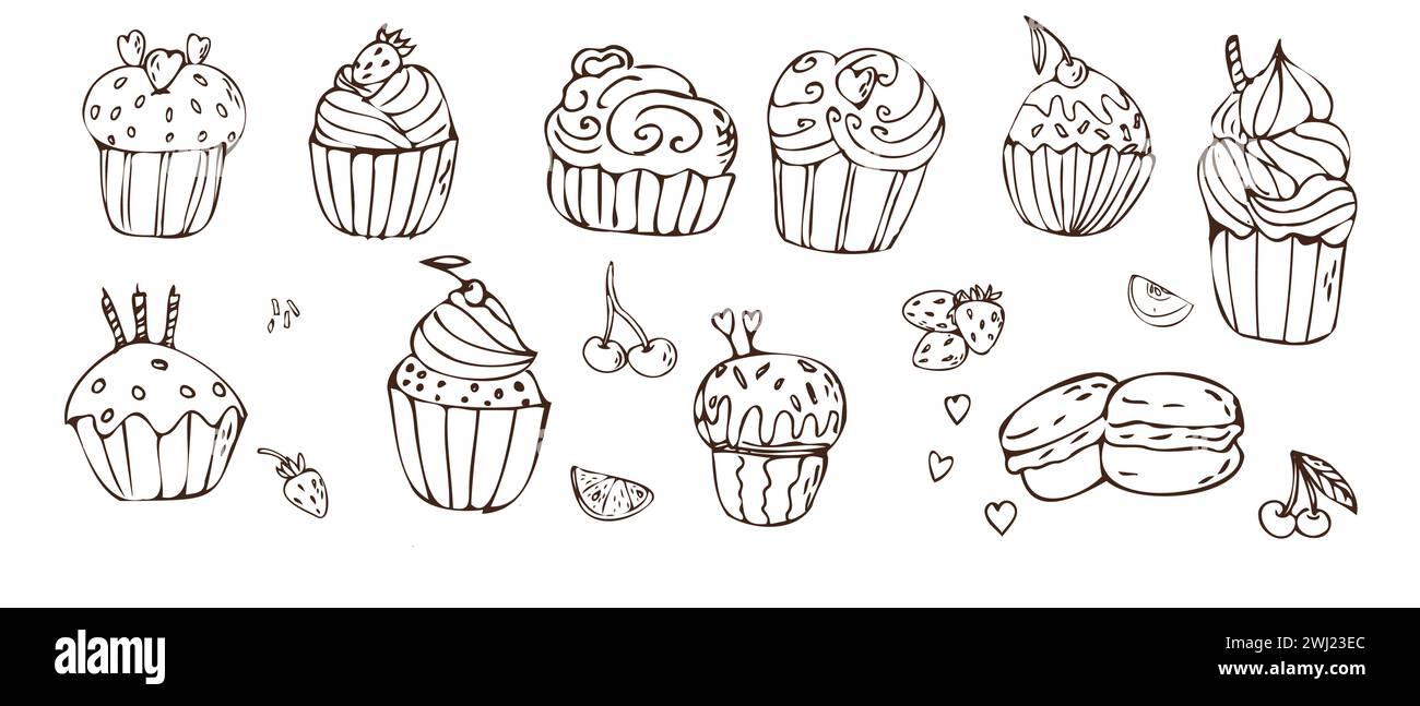 Doodle cupcake - sweet food and berry icons isolated. Vector ...
