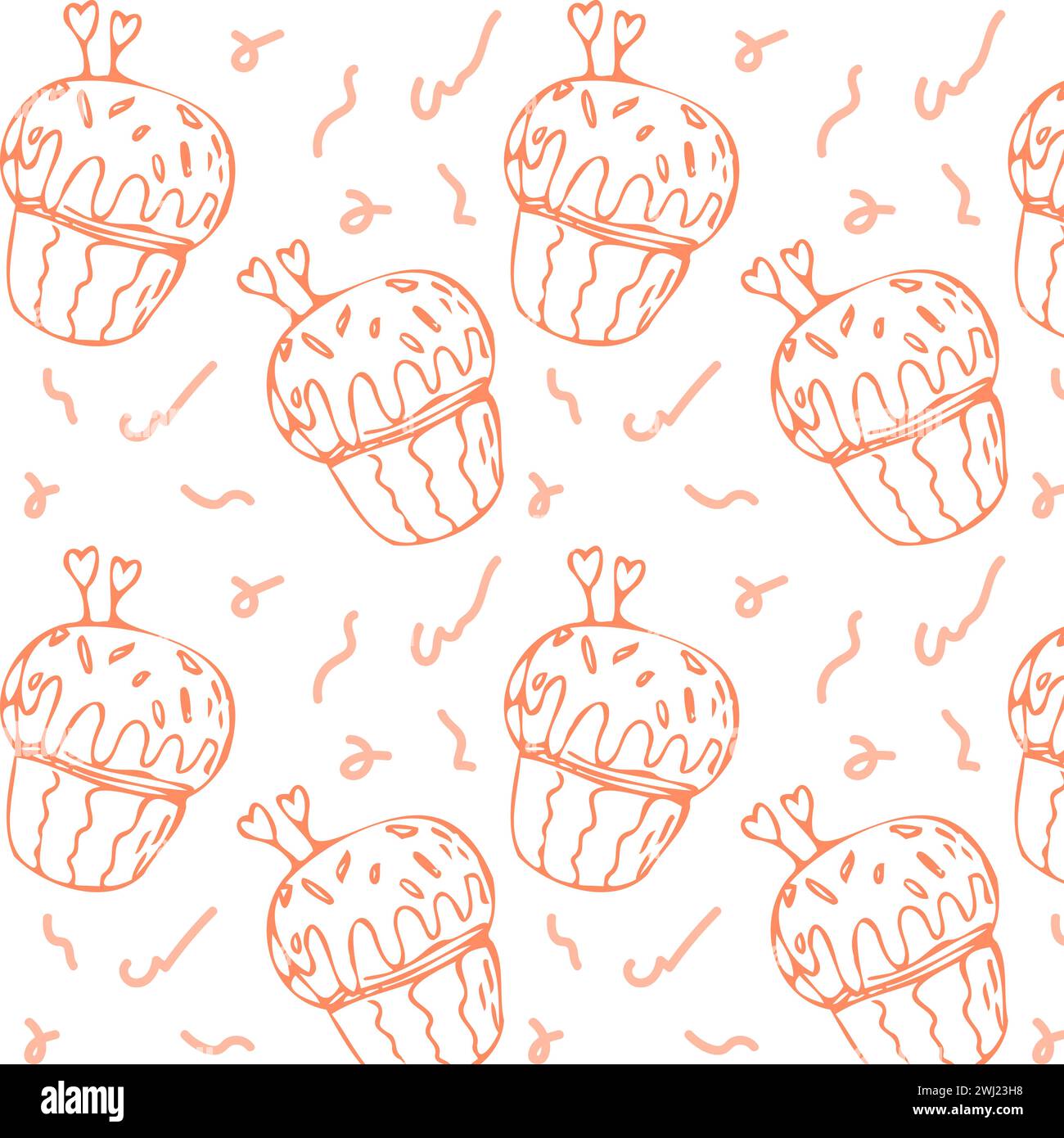 Hand drawn pink cupcake outline background with hearts. Vector ...