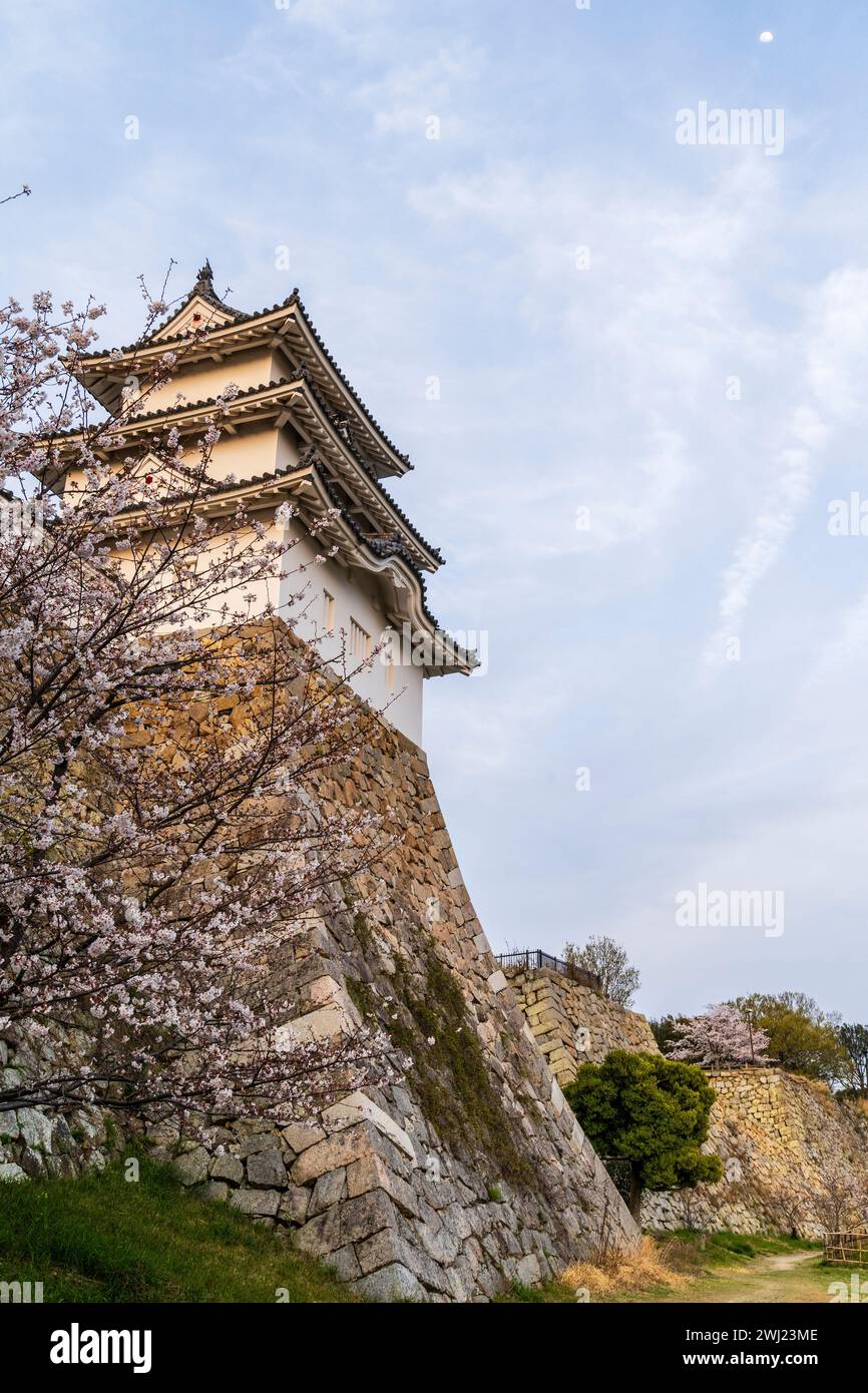 Akashi castle. View along the base of the high Ishigaki stone walls ...