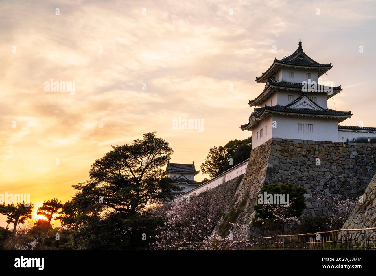 Sunset through some trees with the two turrets of the Japanese castle ...
