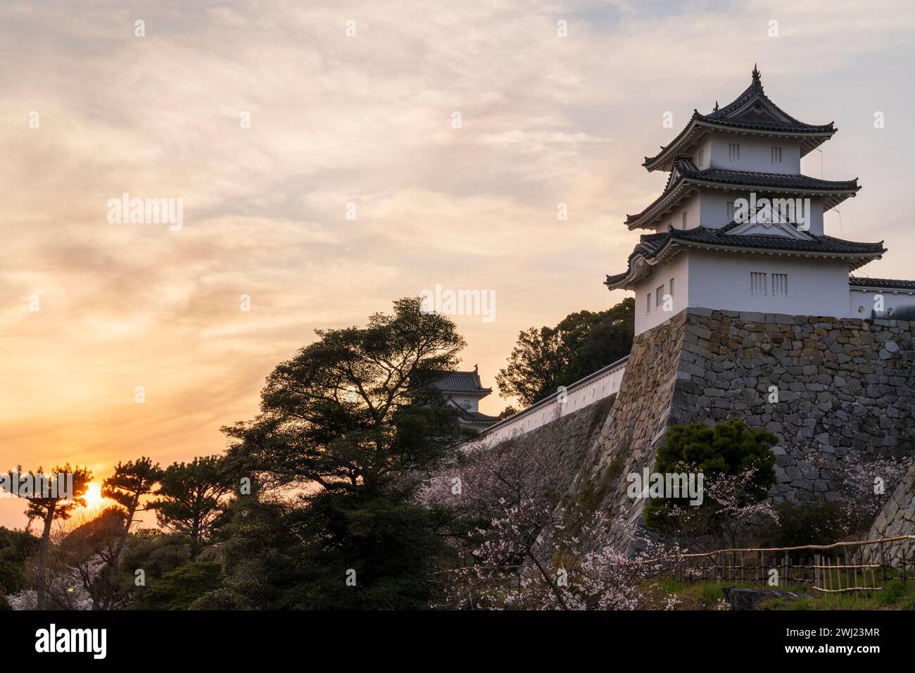 Sunset through some trees with the two turrets of the Japanese castle ...