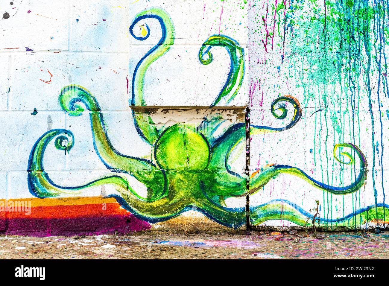 Graffiti painting on a wall left by an unknown young female artist. A ...