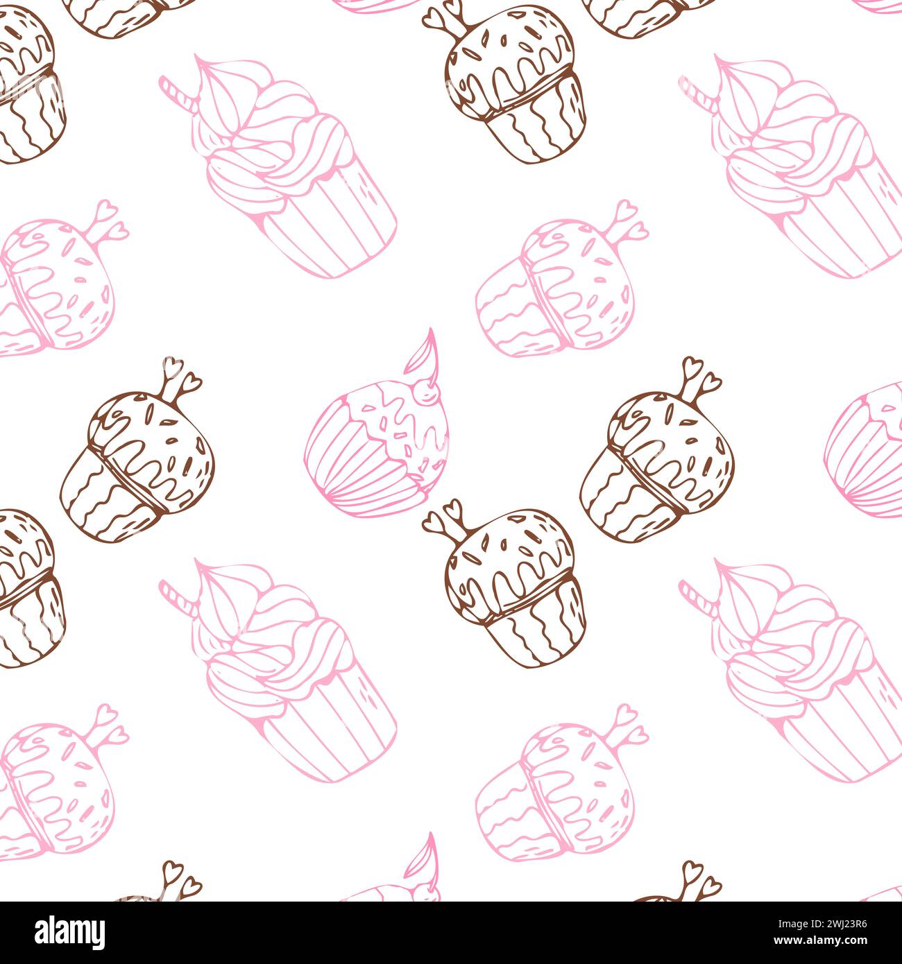 Vintage cupcake background outline with pink and brown colors. Vector ...