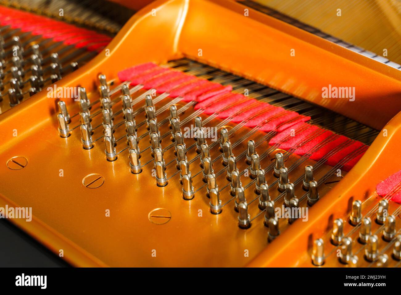 Inner details of luxury grand piano such as hammers, strings and pins ...
