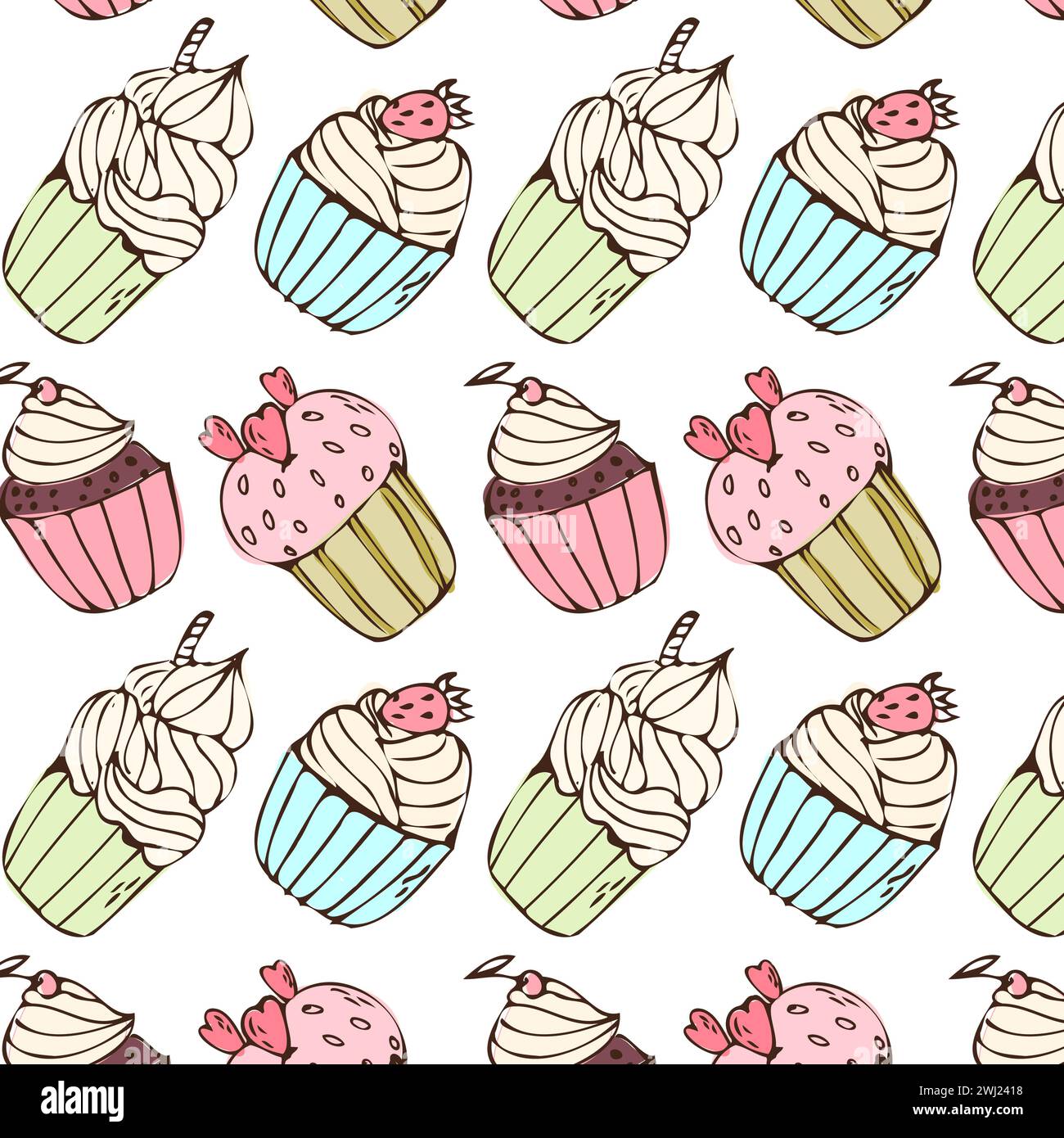 Hand drawn cupcake colourful background for bakery. Vector illustration ...