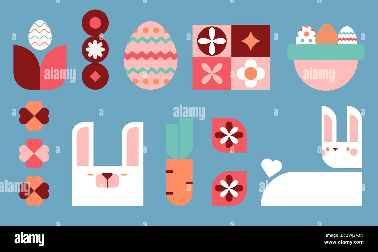 Easter geometric square bright flat clip art. Easter eggs,rabbits ...
