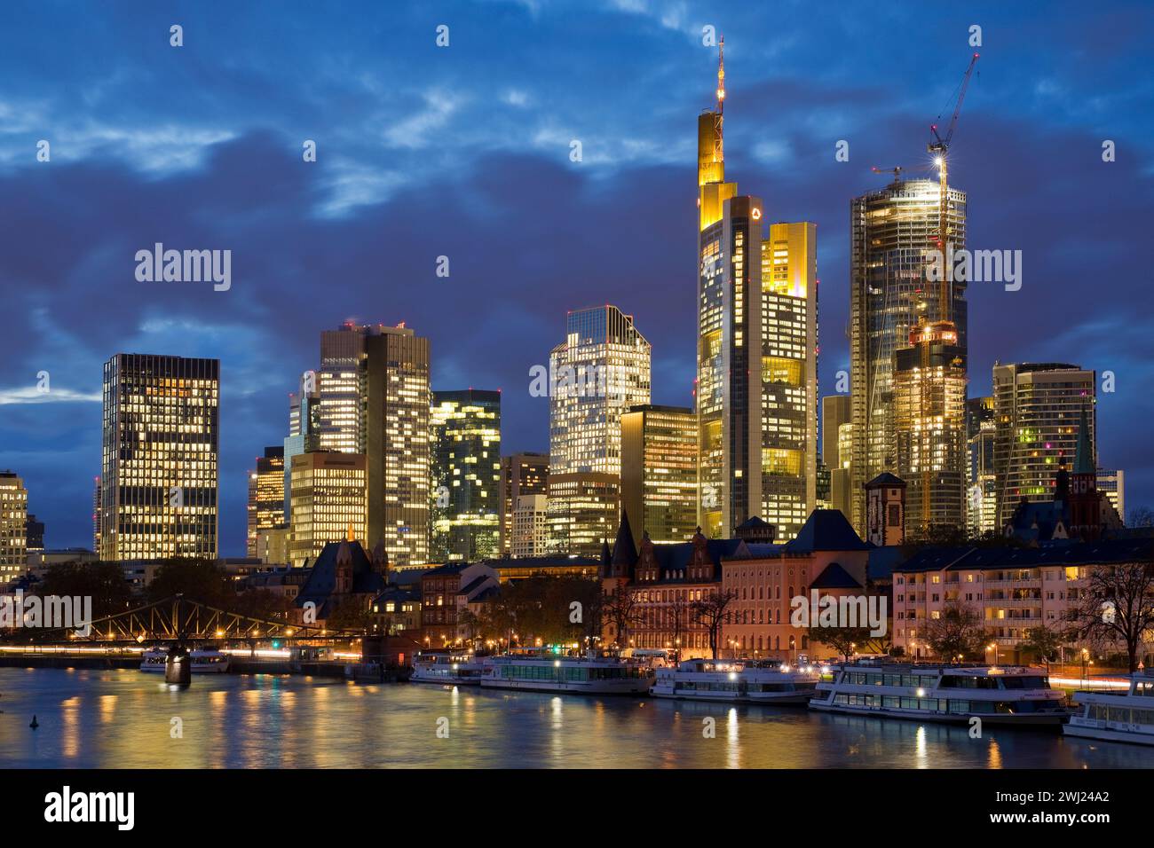 City view with the Main on the financial district, Frankfurt am Main ...