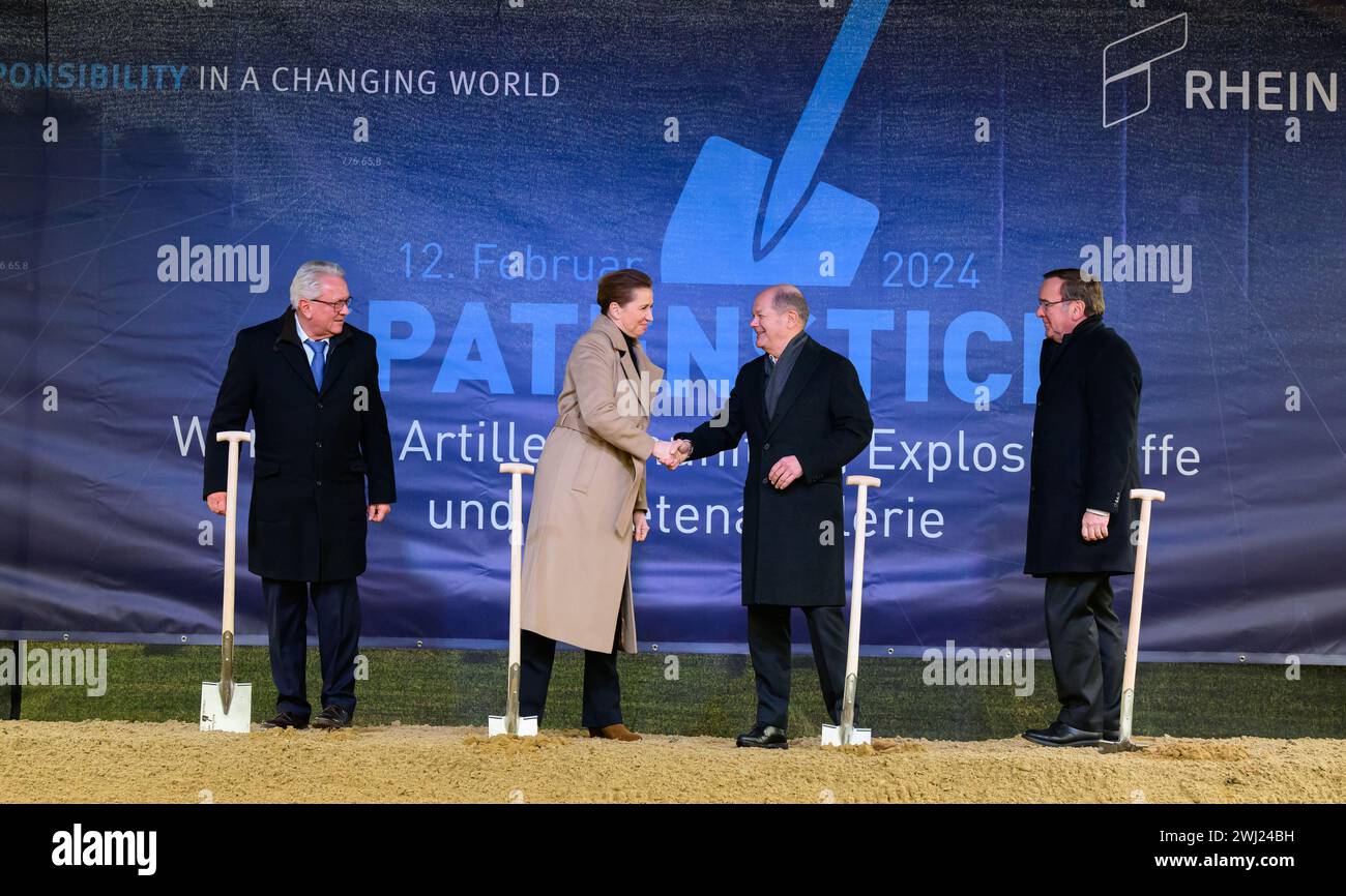 12 February 2024, Lower Saxony, Unterlüß: Armin Papperger (l-r), CEO of Rheinmetall, Mette ...