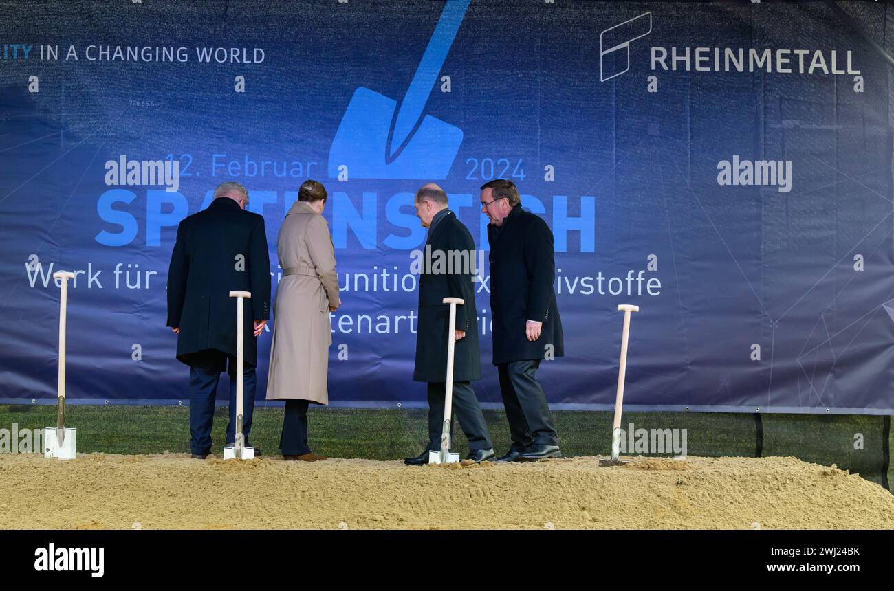 12 February 2024, Lower Saxony, Unterlüß: Armin Papperger (l-r), CEO of Rheinmetall, Mette ...
