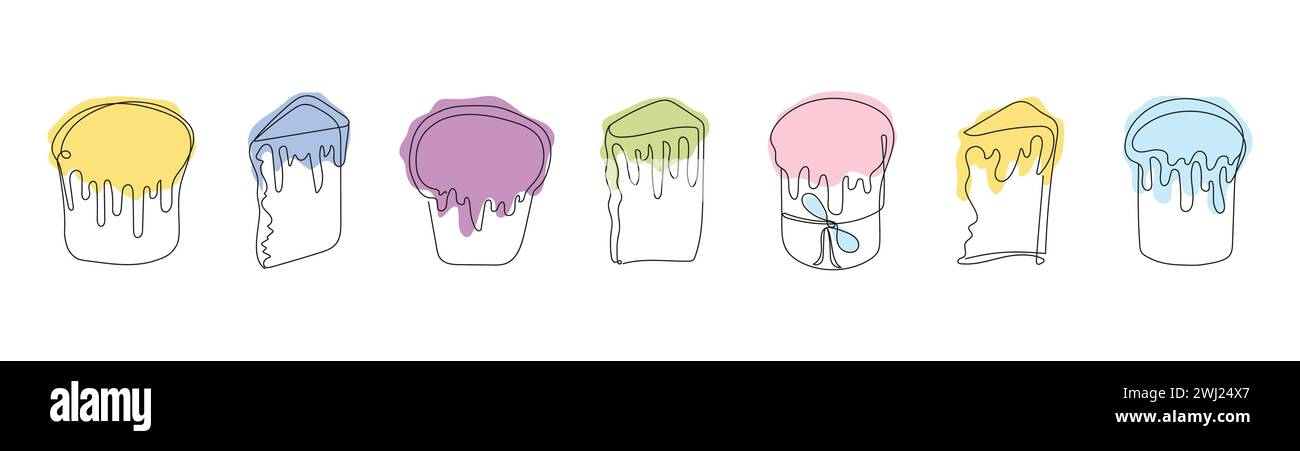 Set of colorful Easter Kulich cakes with icing. Continuous one line drawing. Traditional ...