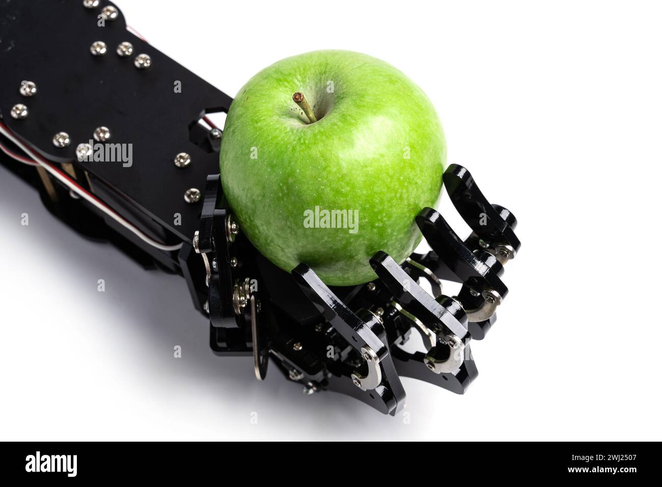 Real robot's hand with green apple. Concept of Artificial intelligence ...