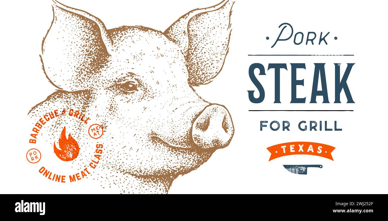 Pork, pig head, meat tag label. Template Meat Tag Label. Vintage print ...