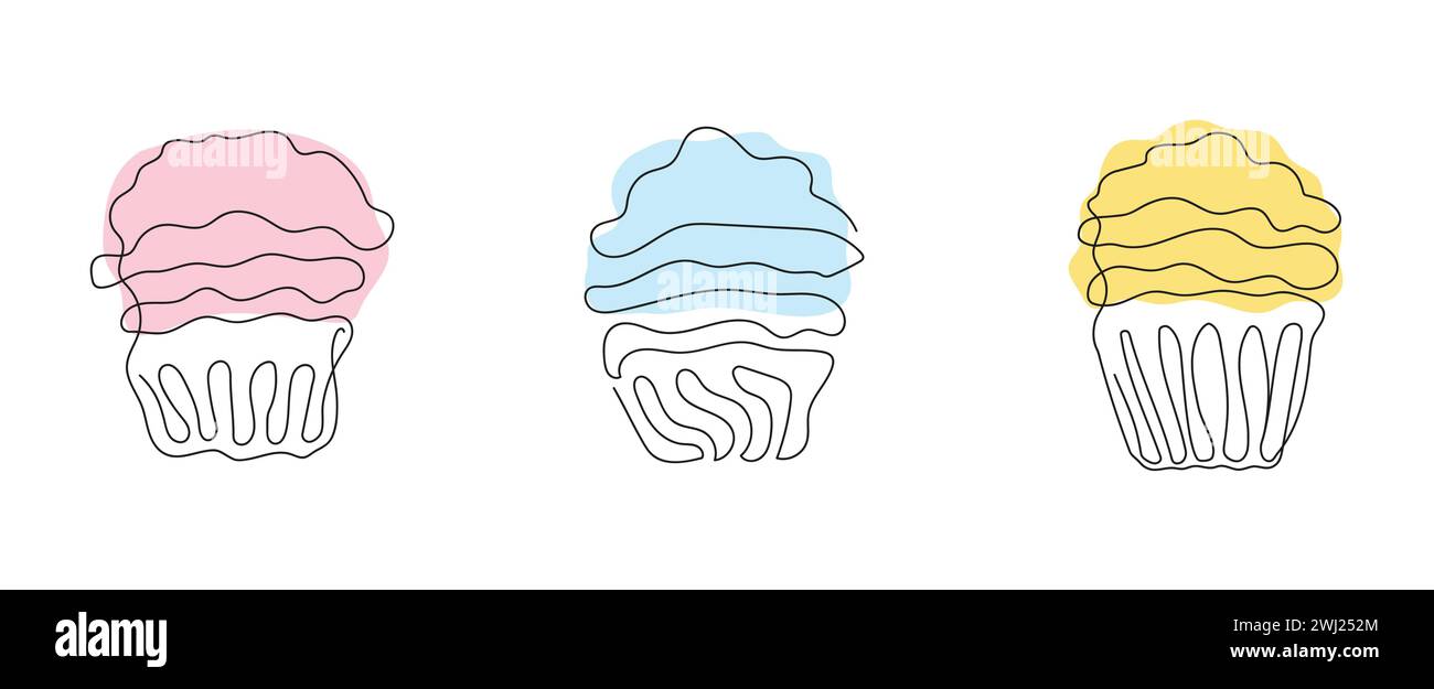Set of colorful cupcakes in style of continuous one line drawing. Simple line art of muffins ...