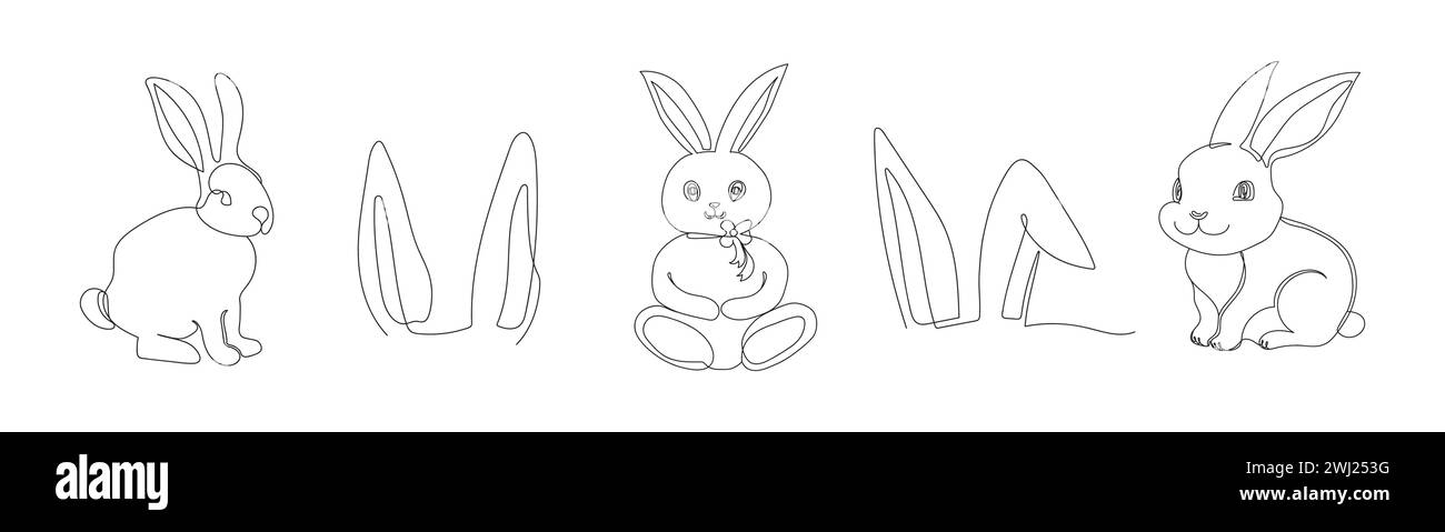 Set of rabbits and bunny ears. Continuous one line drawing. Simple line ...