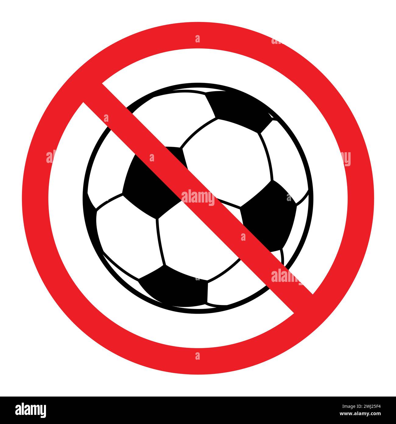 no ball games sign, vector red crossed out circle symbol with soccer ...