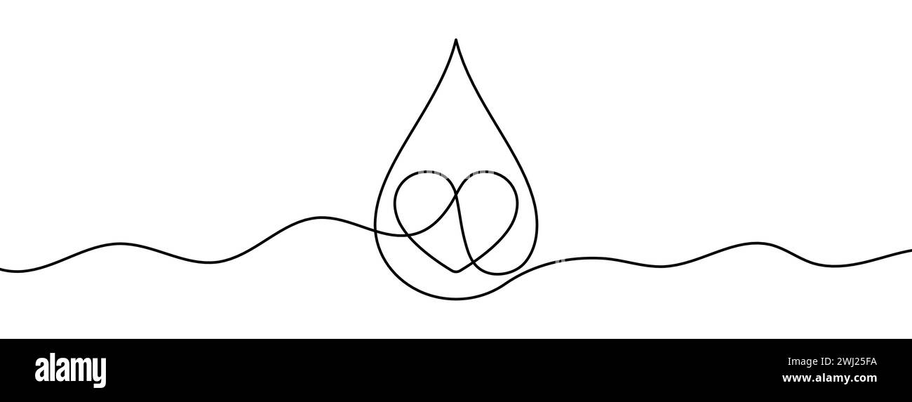 Continuous editable line drawing of water drop and heart shape. Single ...
