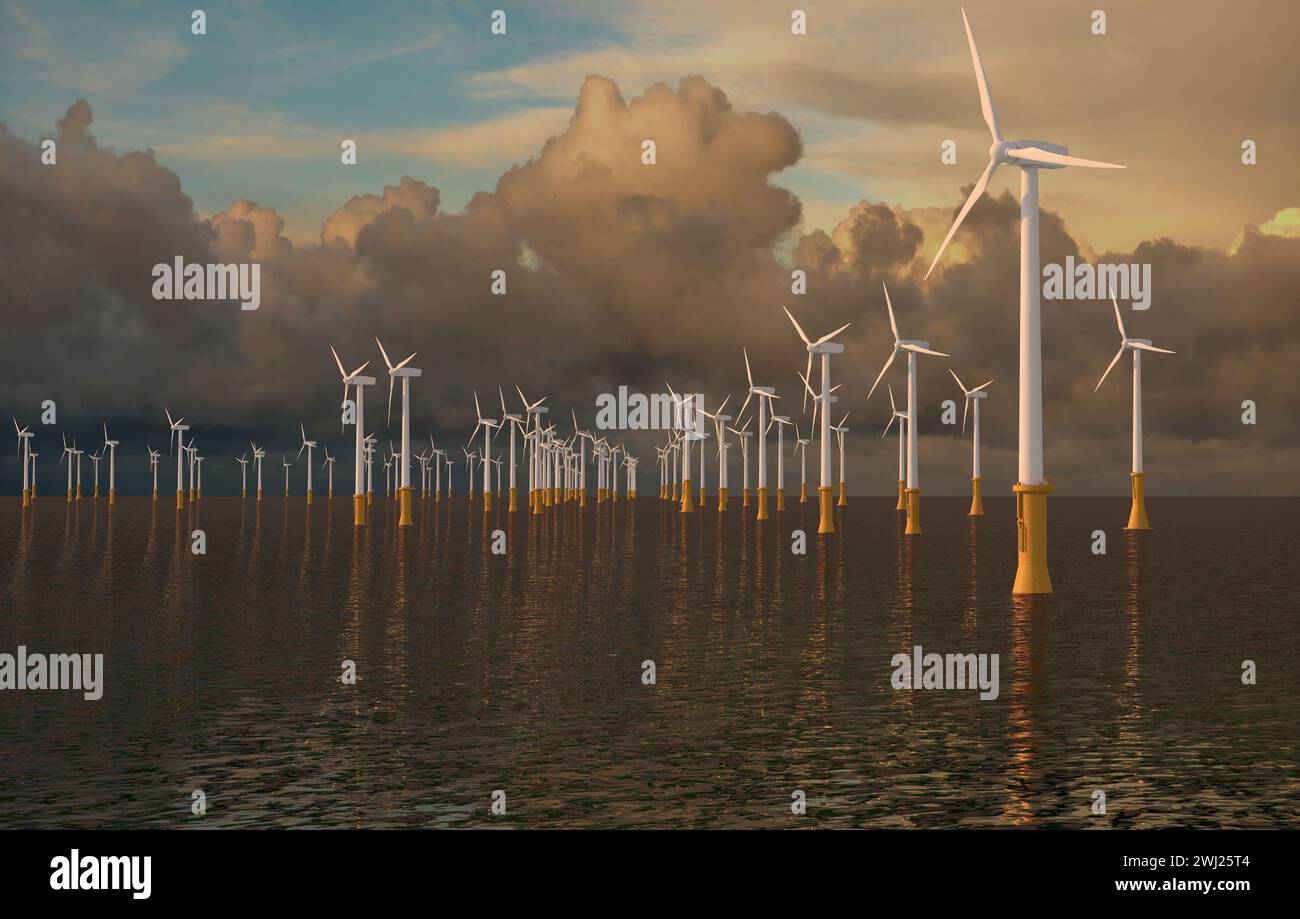 Offshore wind farm at sunset.3d render Stock Photo - Alamy