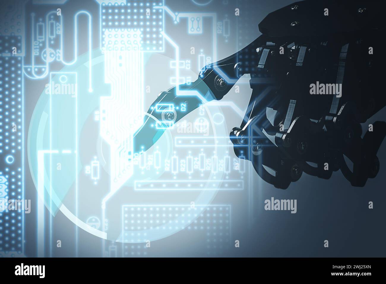 Real robot's hand and overlay of printed circuit board. Concepts of ...