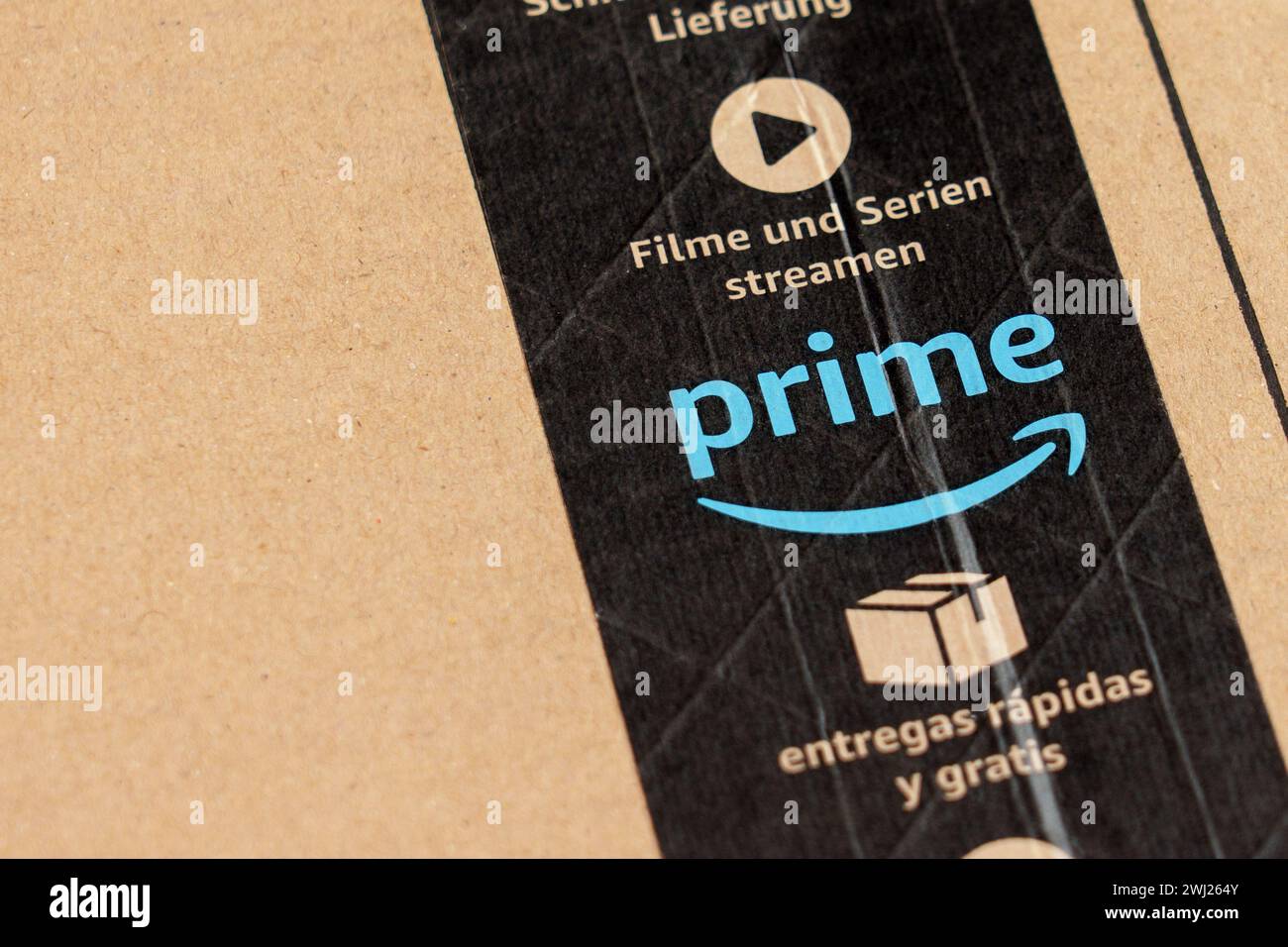 Oviedo, Spain - February, 02, 2024: Amazon Prime cardboard package box ...