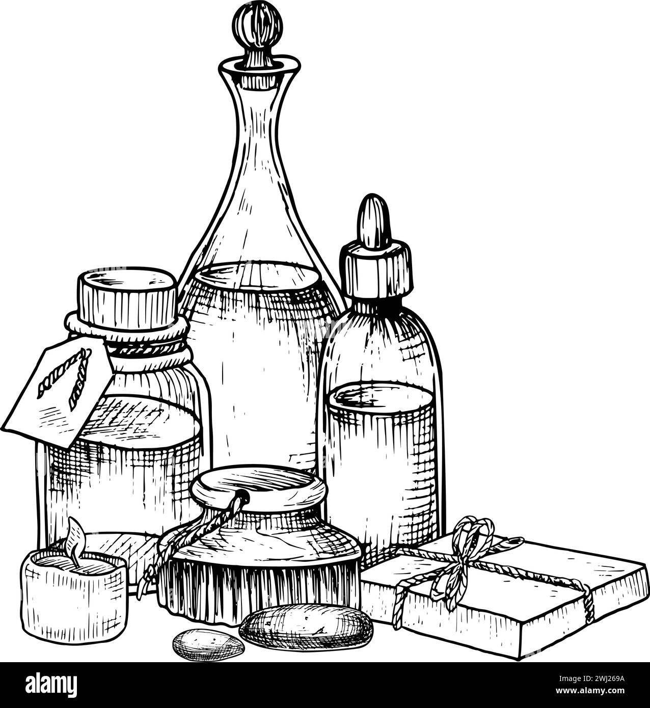 Spa cosmetic with vintage Bottles, soap and brush for aromatherapy ...