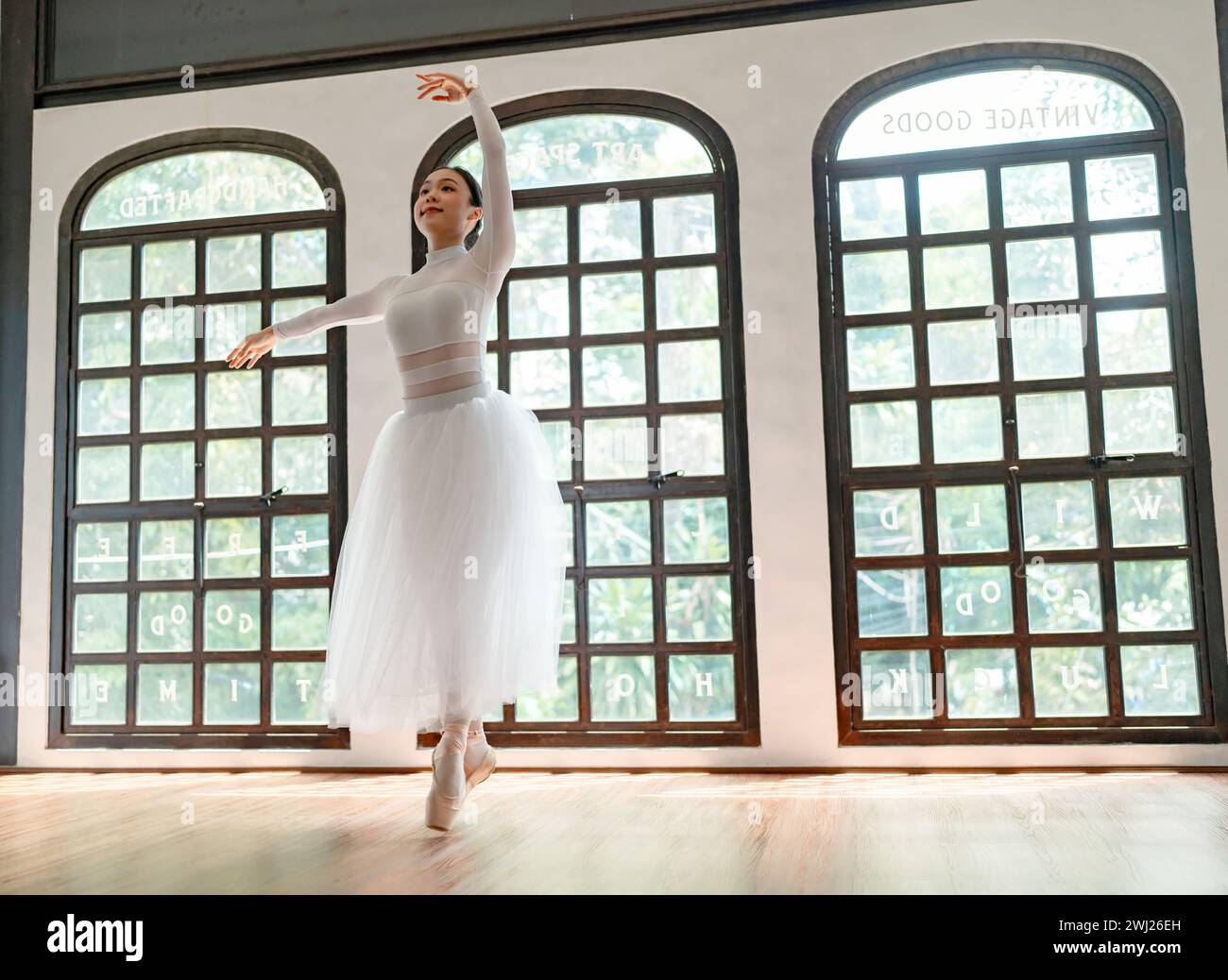 Asian girlÂ ballet dancer creative performance with white skirt ...