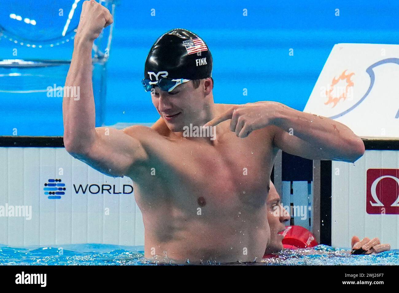 Nic Fink of the United States celebrates after winning gold in the in ...