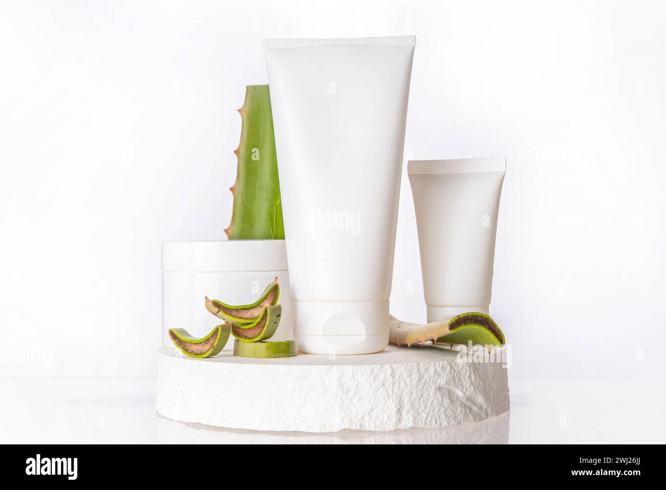 Aloe vera skincare beauty care flat lay. Various bottles, jars set with ...