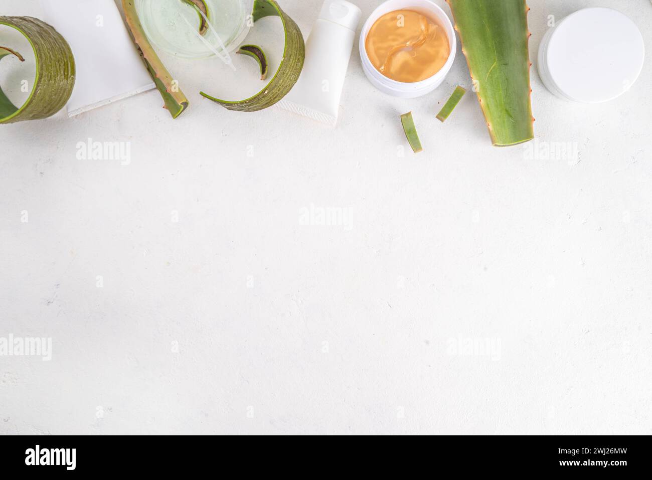 Aloe vera skincare beauty care flat lay. Various bottles, jars set with ...