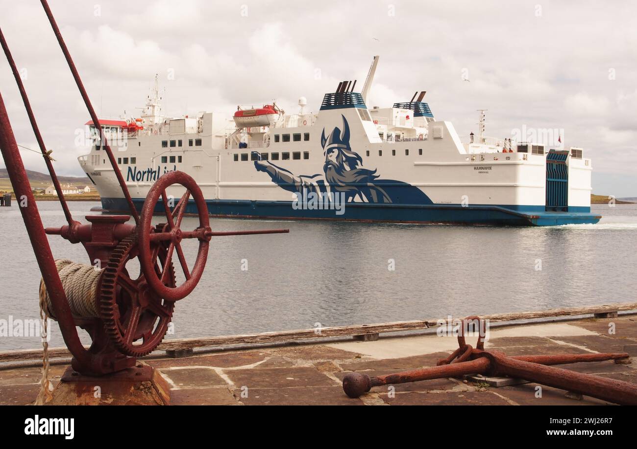 The NorthLink ferry, Hamnavoe, manouvering out of Stromness harbour on ...