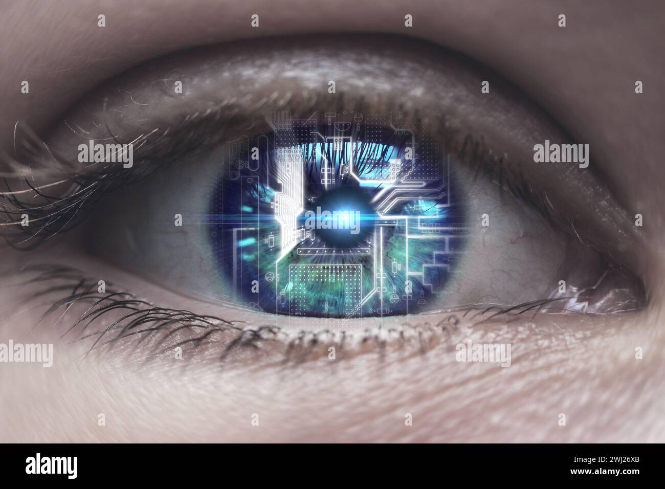 Female eye with overlay of printed circuit board. Concepts of ...