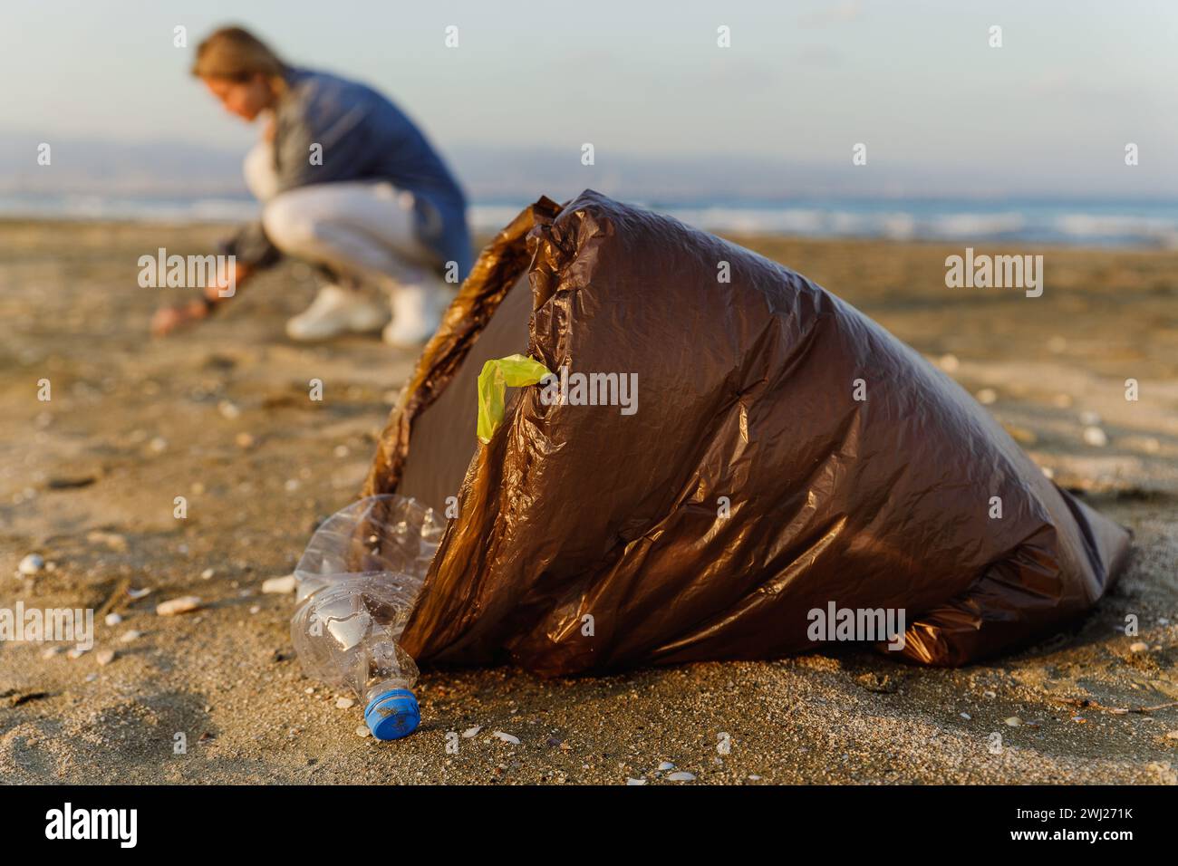 Woman volunteer is collecting plastic waste on the beach to contribute ...