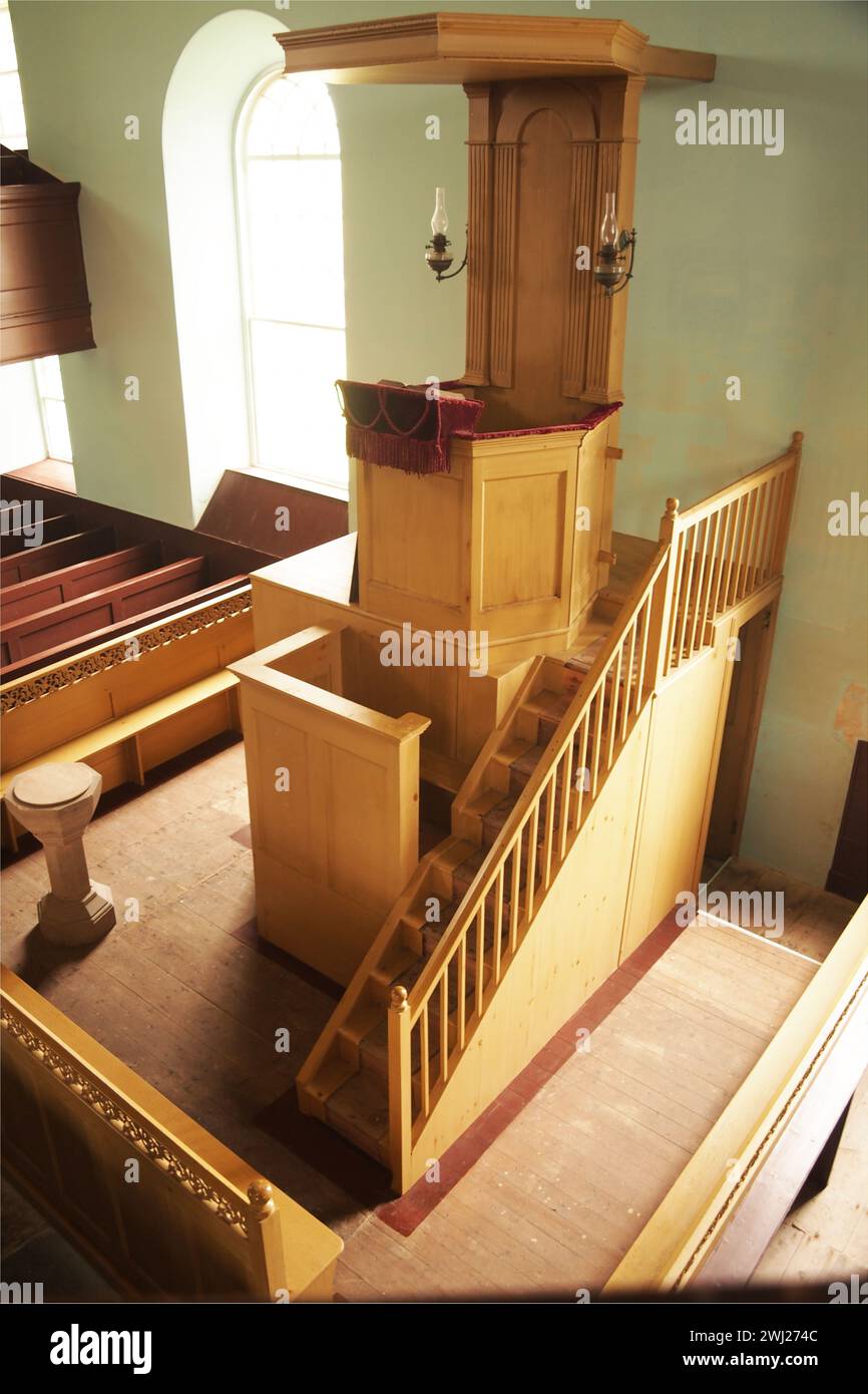 The raised up pulpit of St, Peter's Church, Orkney, UK showing finished ...
