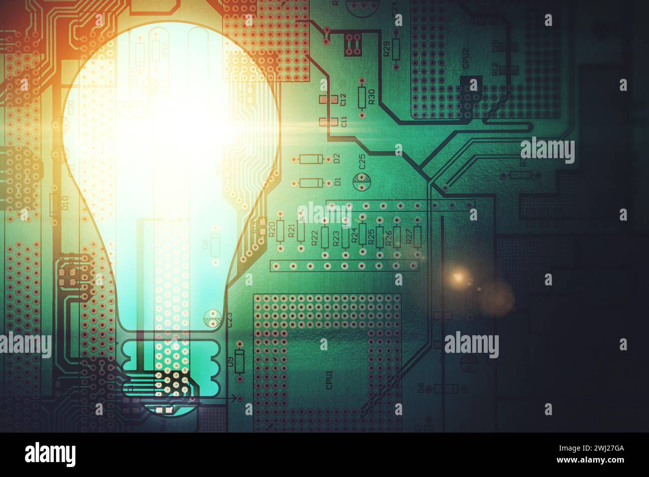 Shape of light bulb over printed circuit board background. Concept of ...