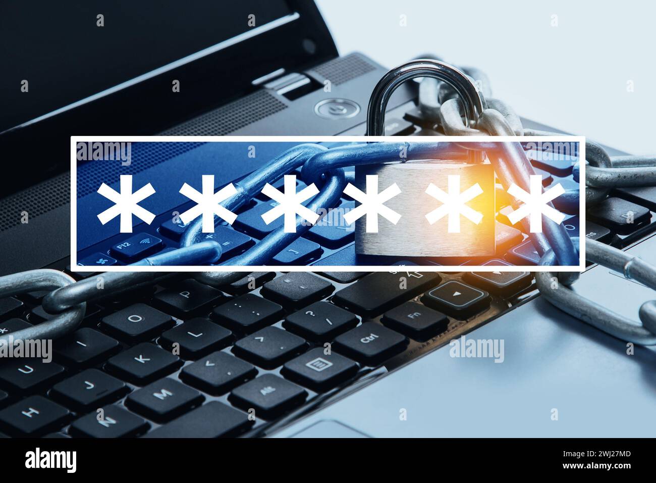 Padlock and laptop computer with password field. Concepts of ...