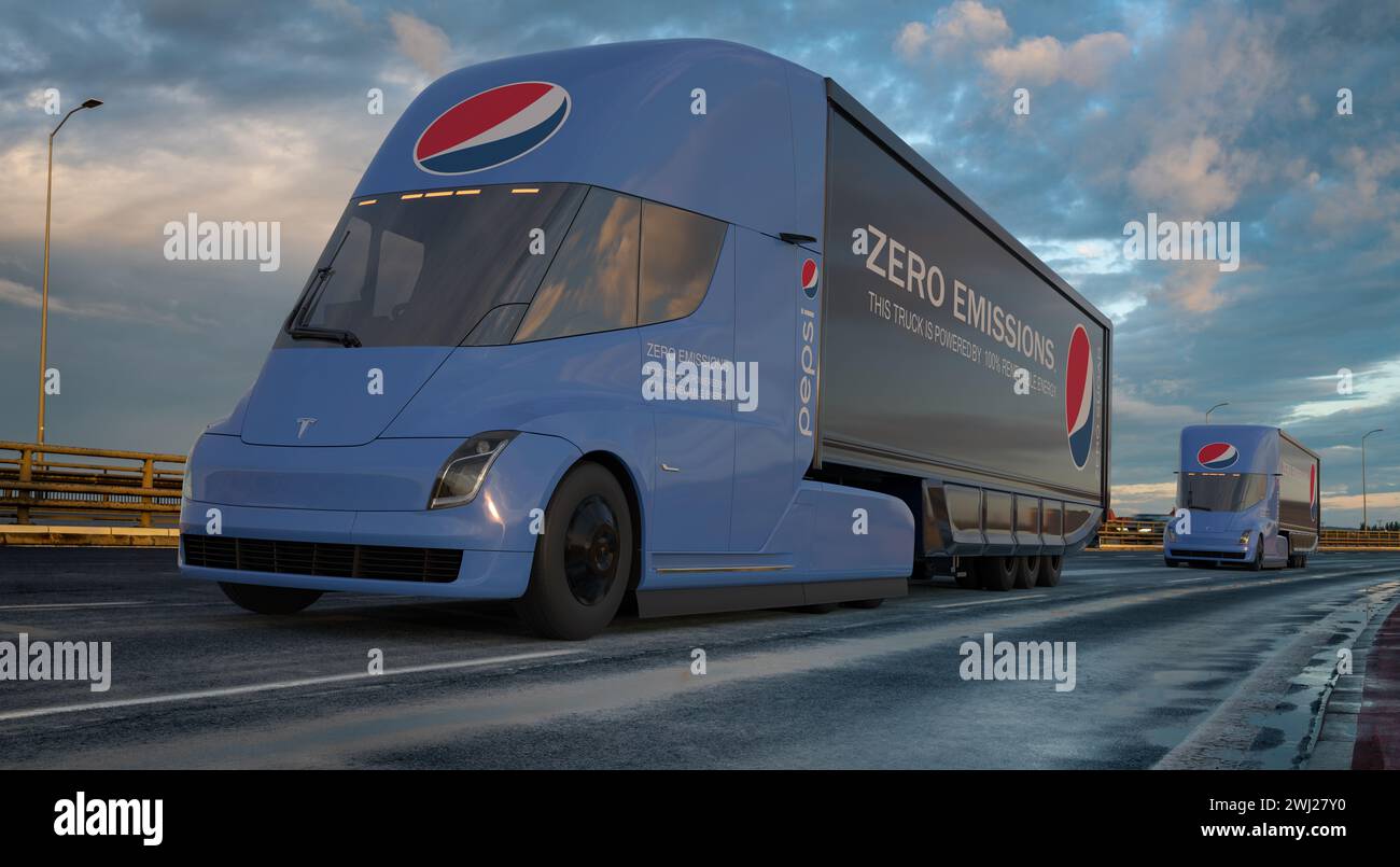 Szczecin,Poland-February 2024:TThe fleet of Tesla Semi truck that Pepsi ...