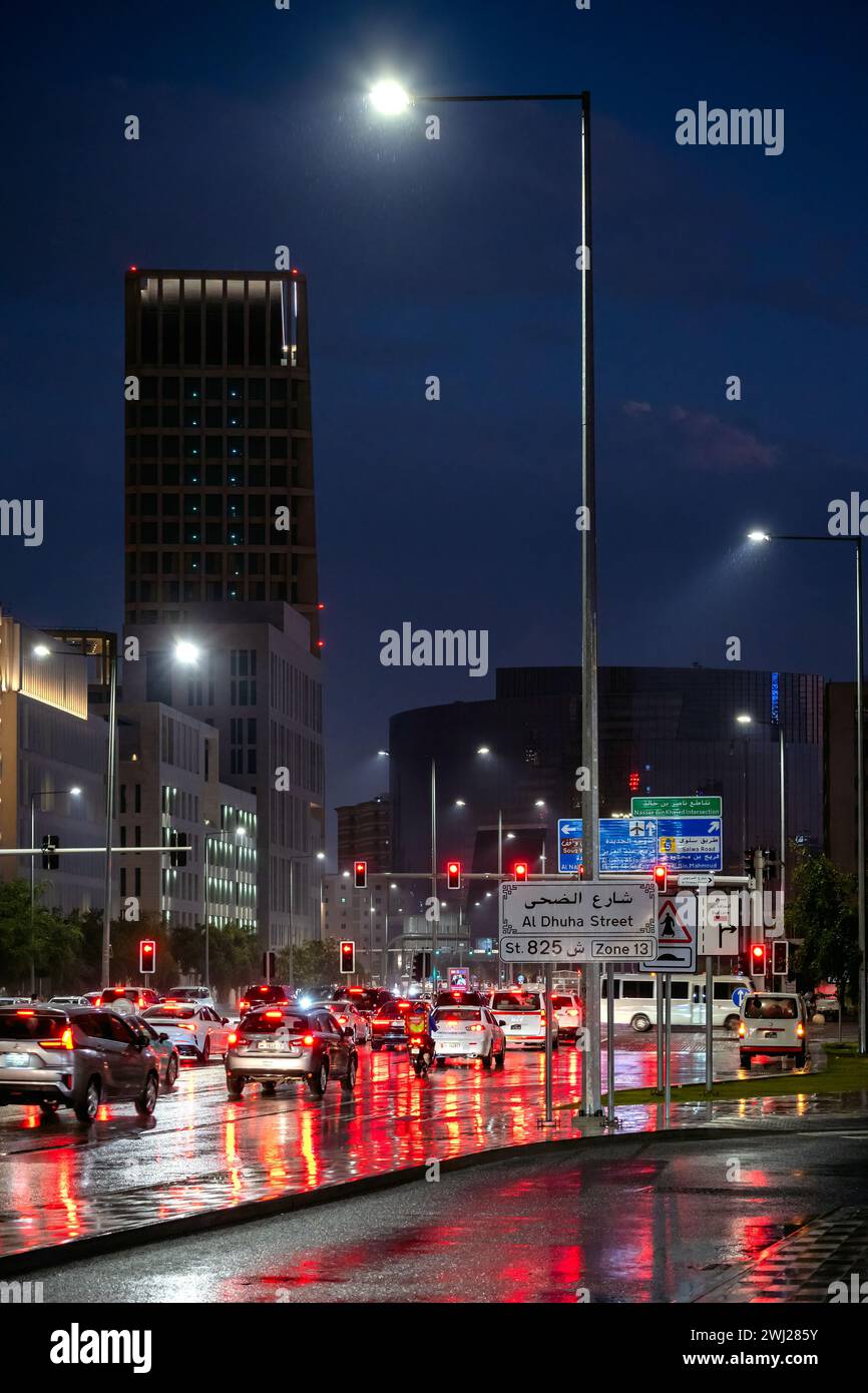 Doha, Qatar - February 11, 2024: Rainy Street in the Musherib at night ...