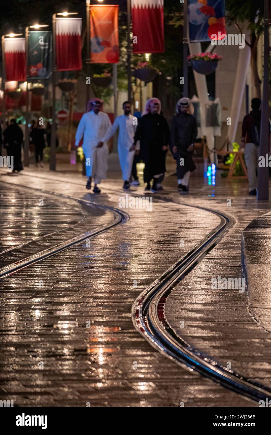 Doha, Qatar - February 11, 2024: Rainy Street in the Musherib at night ...