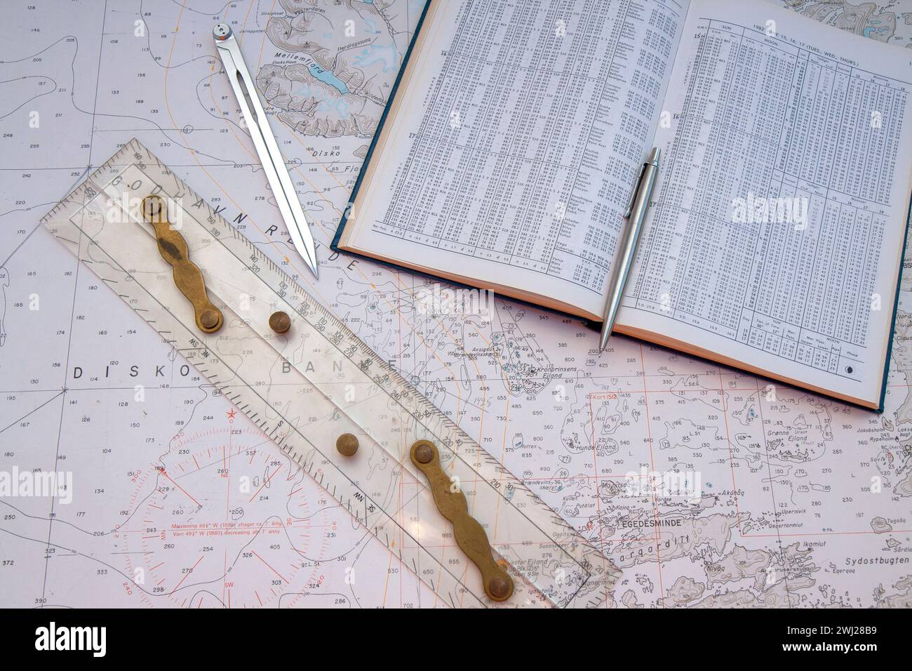 Navigation parallel ruler, pencil and a pair of dividers on a chart ...