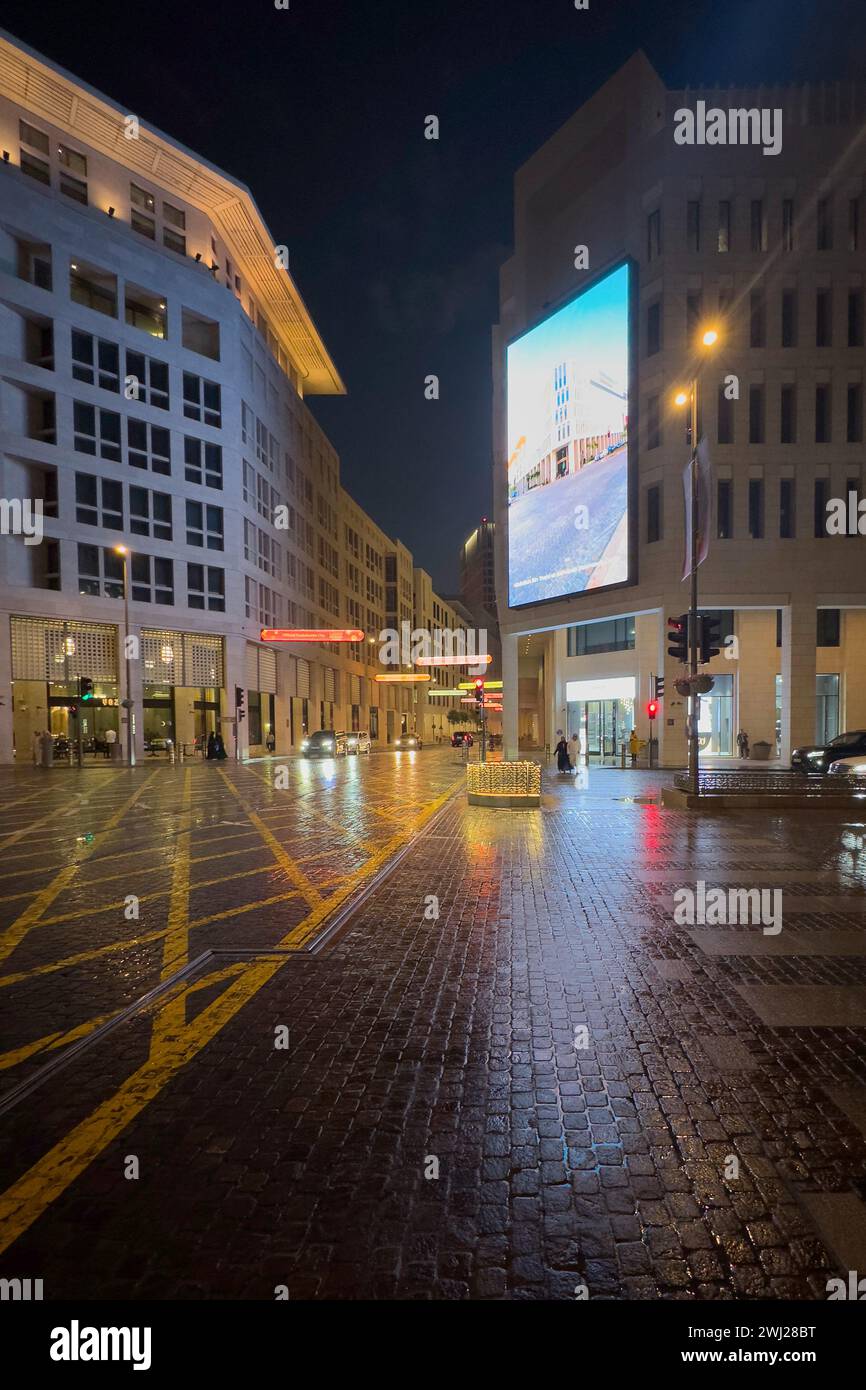 Doha, Qatar - February 11, 2024: Rainy Street in the Musherib at night ...