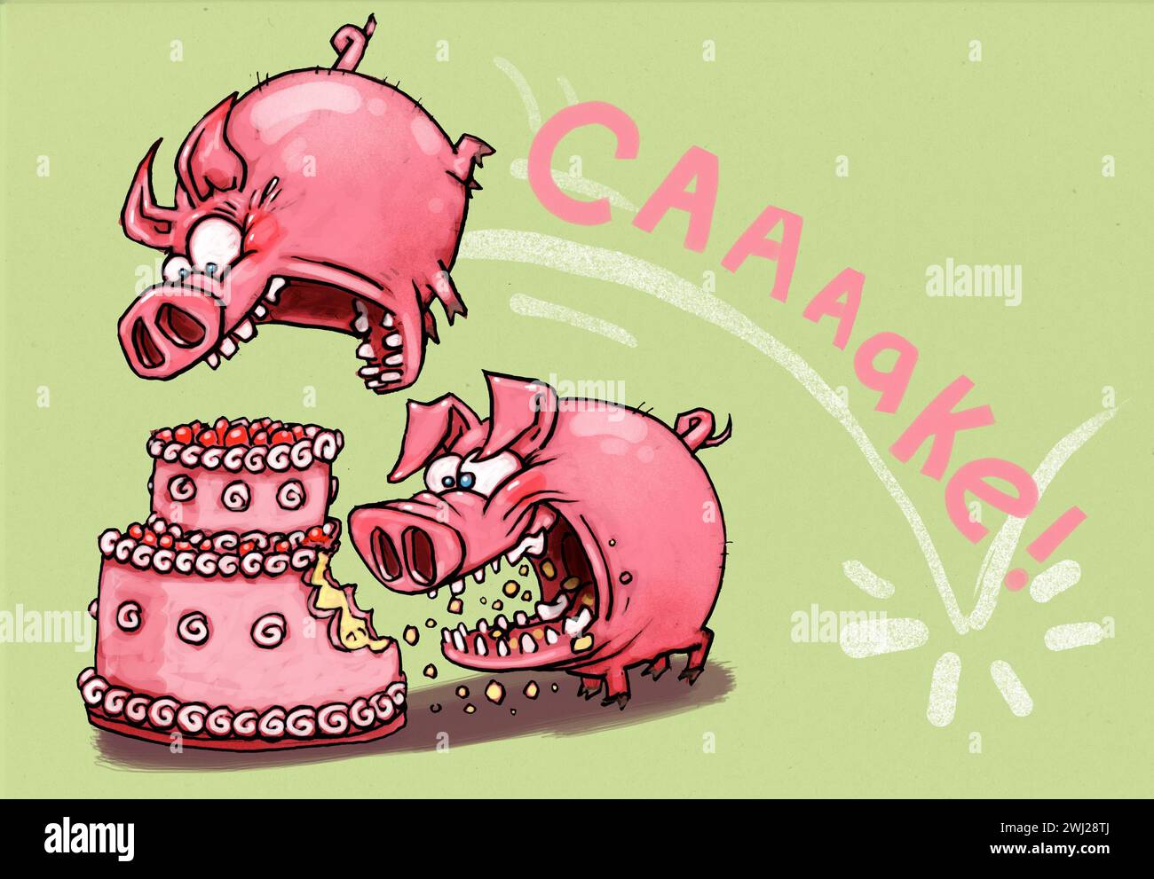 Art pink pigs eating big birthday cake, concept gluttony, greed, eating ...