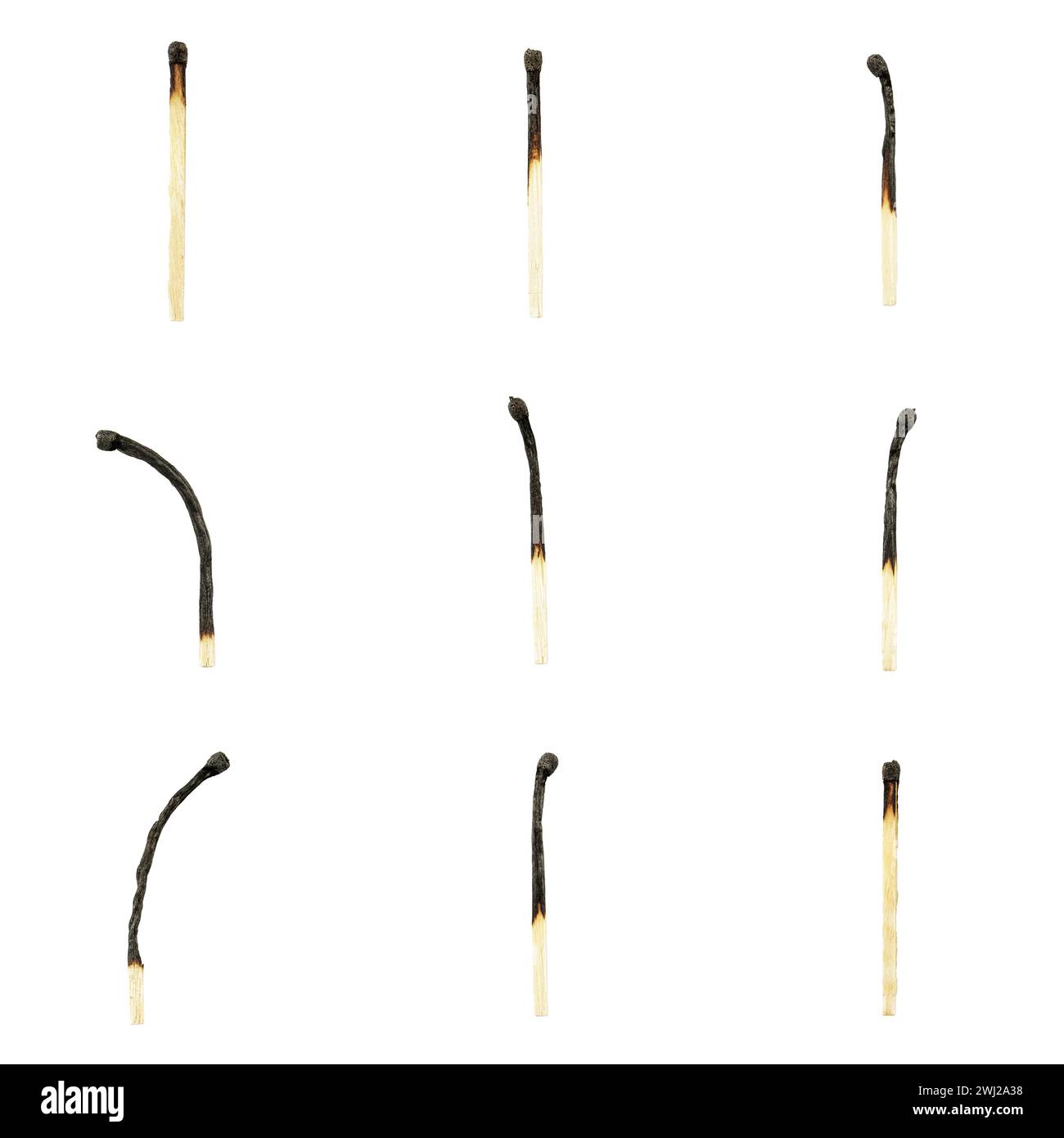 Set of the burnt charred matches isolated on a white background close ...