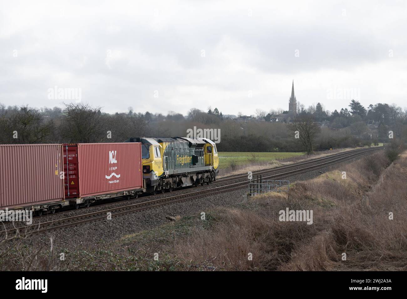 Class 70 diesel locomotive No. 70001 pulling a freightliner train near ...