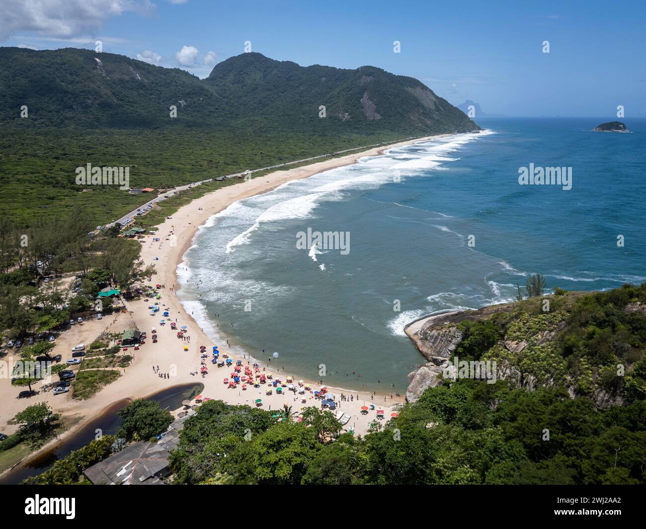 Beautiful aerial view to deserted atlantic rainforest Grumari Beach ...