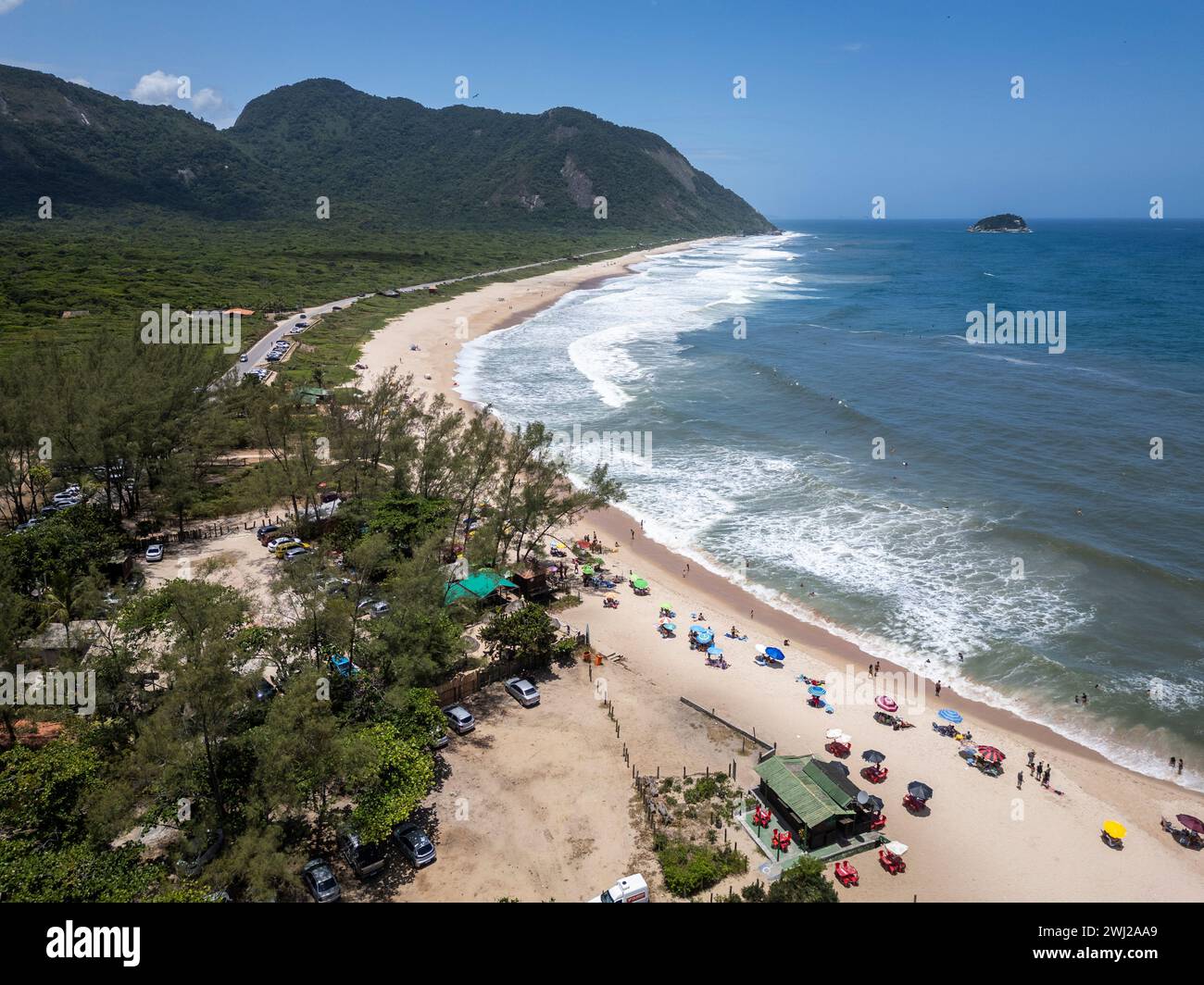 Beautiful aerial view to deserted atlantic rainforest Grumari Beach ...