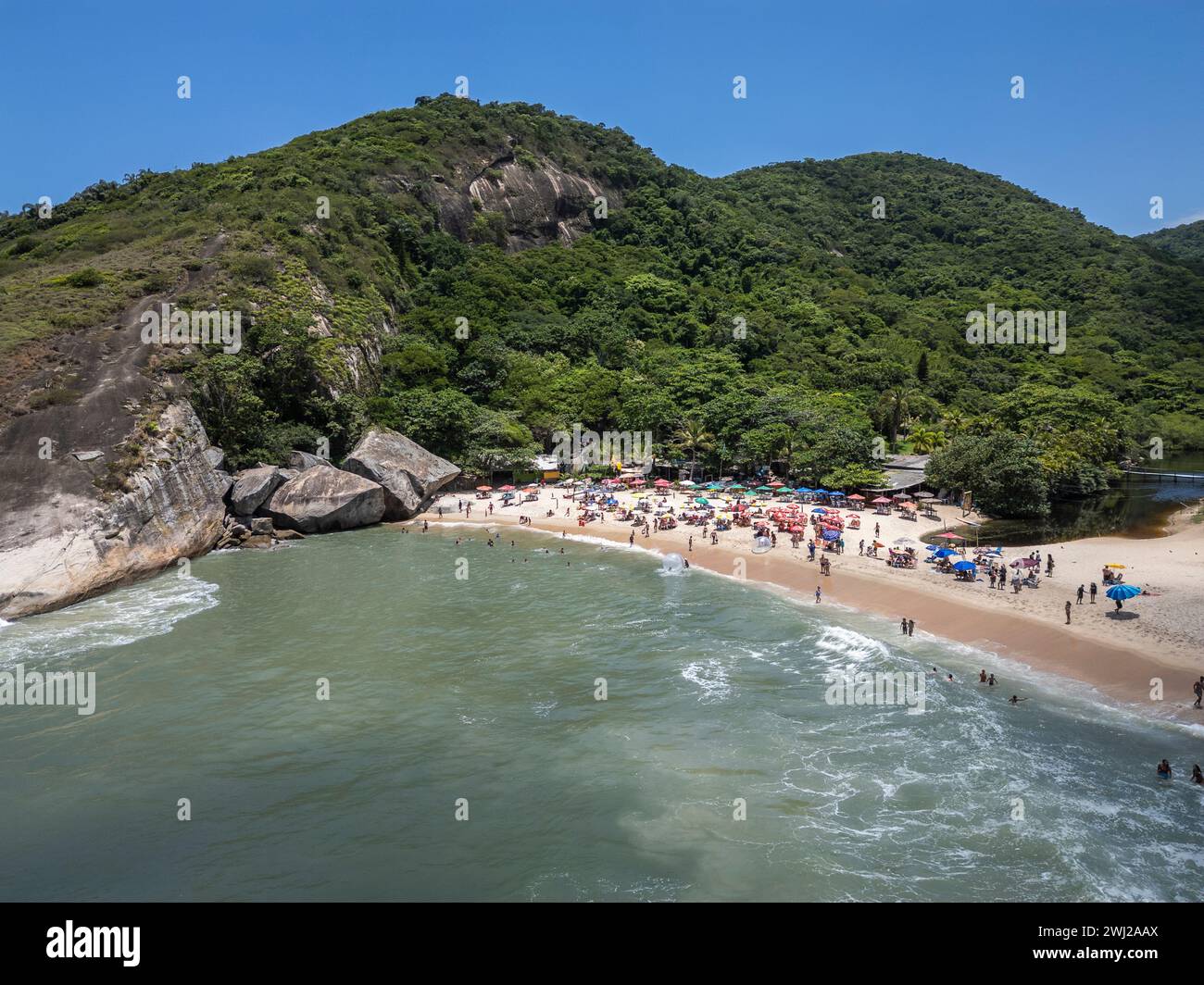 Beautiful aerial view to deserted atlantic rainforest Grumari Beach ...