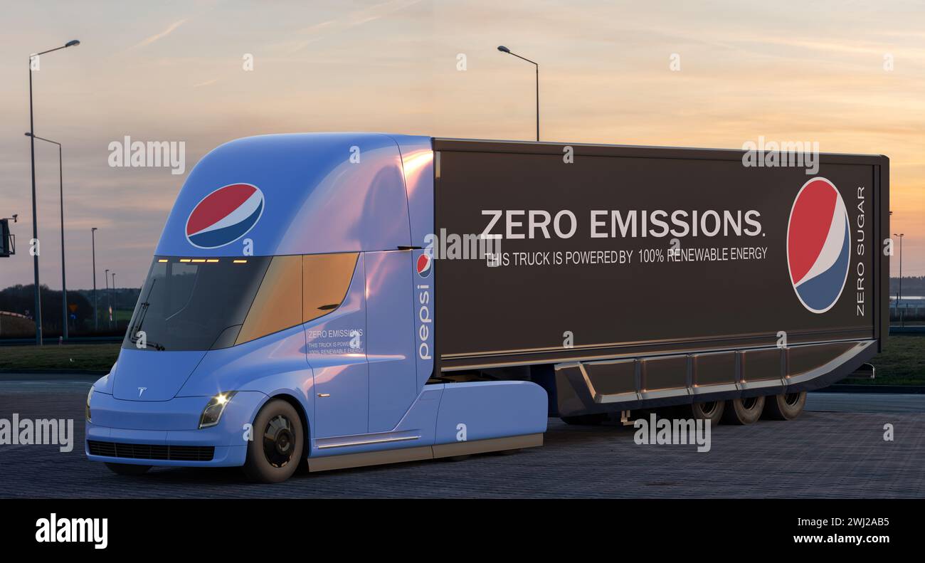 Szczecin,Poland-February 2024:TThe fleet of Tesla Semi truck that Pepsi ...
