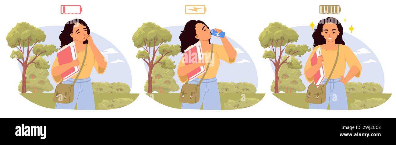 Woman cartoon character drinking energy beverage isolated set Stock ...